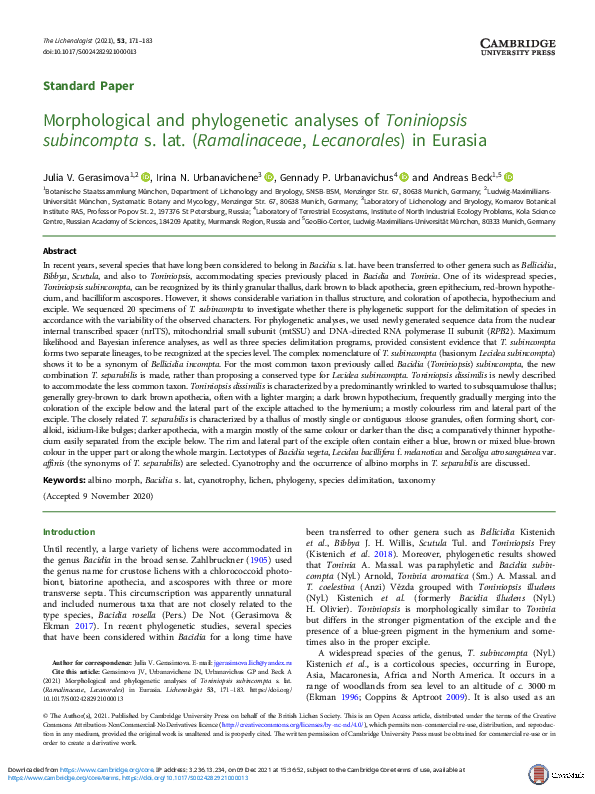 (PDF) Morphological and phylogenetic analyses of Toniniopsis ...