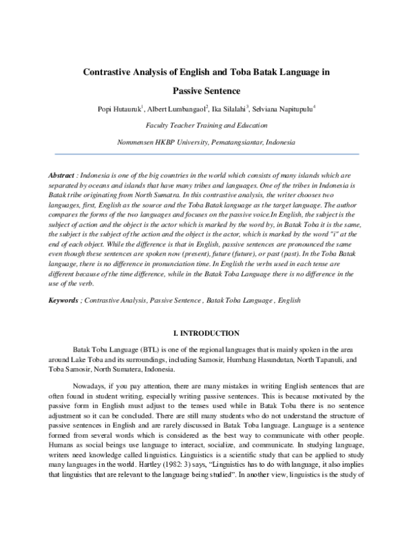 (PDF) Contrastive Analysis of English and Toba Batak Language in ...