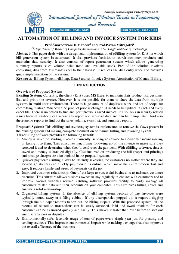 (PDF) Automation of billing and invoice system for KriS