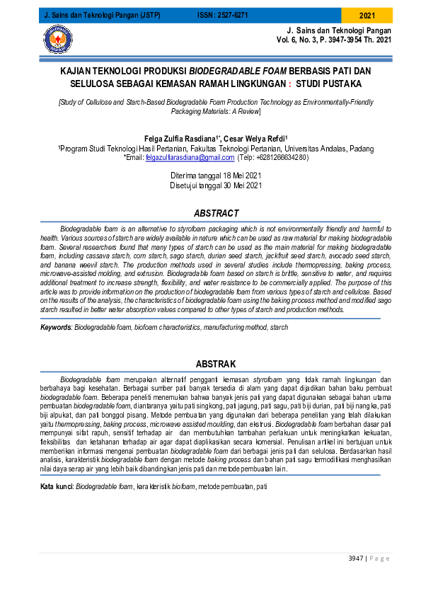(PDF) Study of Cellulose and Starch-Based Biodegradable Foam Production ...