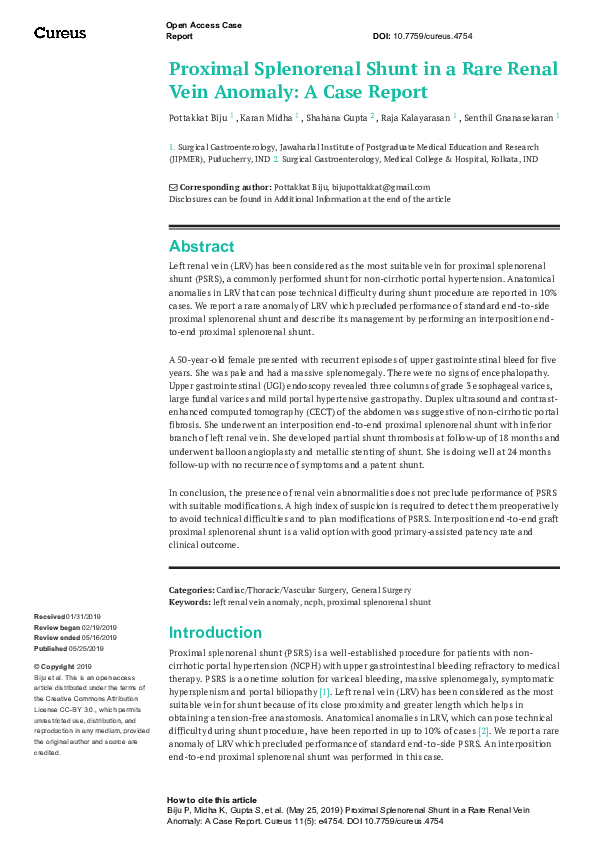 (PDF) Proximal Splenorenal Shunt in a Rare Renal Vein Anomaly: A Case ...