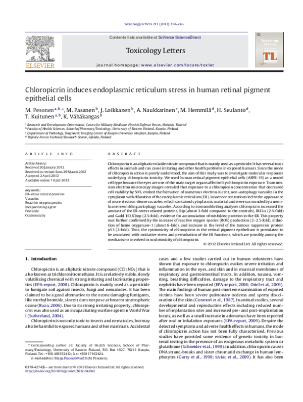 (PDF) Chloropicrin induces endoplasmic reticulum stress in human ...