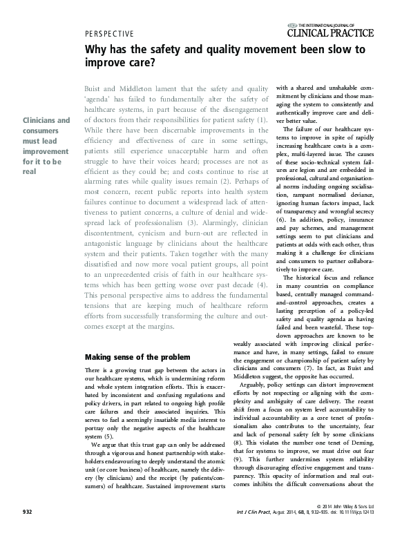 (PDF) Why has the safety and quality movement been slow to improve care?