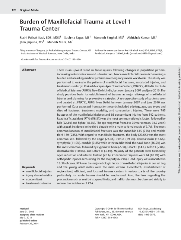 (PDF) Burden of Maxillofacial Trauma at Level 1 Trauma Center