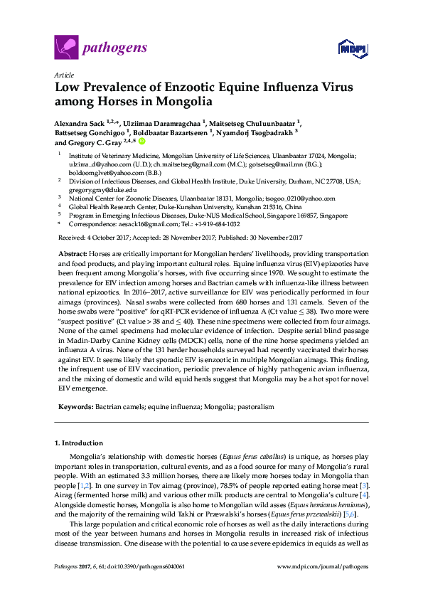 (PDF) Low Prevalence of Enzootic Equine Influenza Virus among Horses in ...