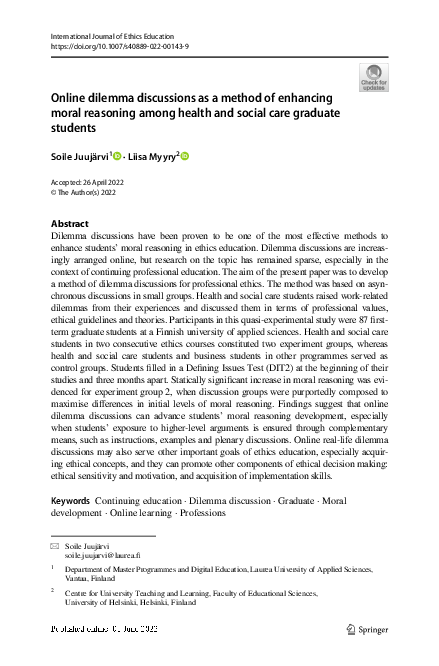 (PDF) Online dilemma discussions as a method of enhancing moral ...