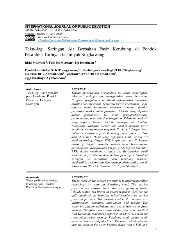 (PDF) Teknologi saringan air berbahan pasir kerubung di Pondok ...