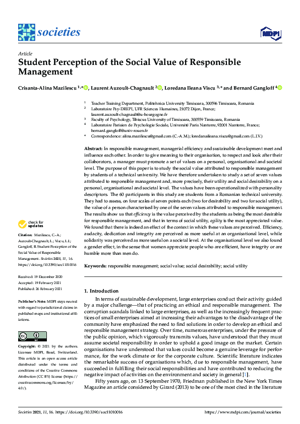 (PDF) Student Perception of the Social Value of Responsible Management