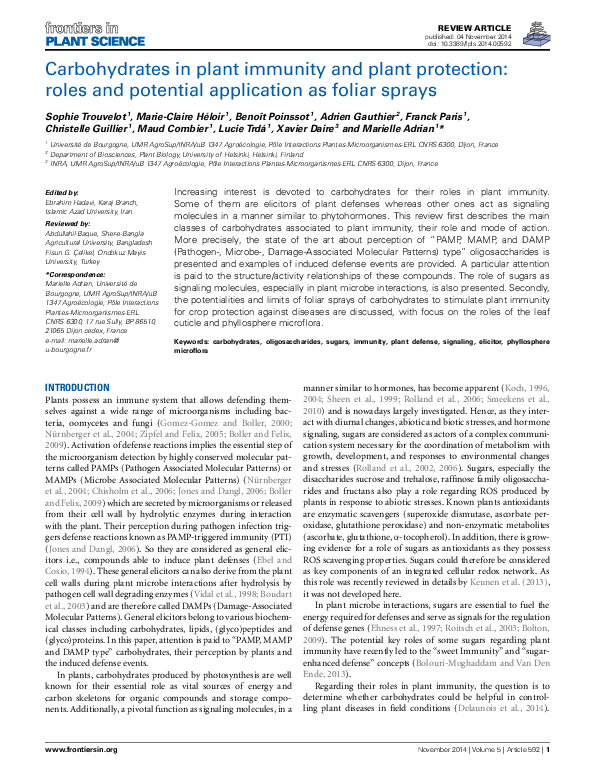 (PDF) Carbohydrates in plant immunity and plant protection: roles and ...