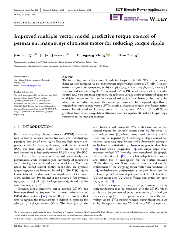 (PDF) Improved multiple vector model predictive torque control of ...
