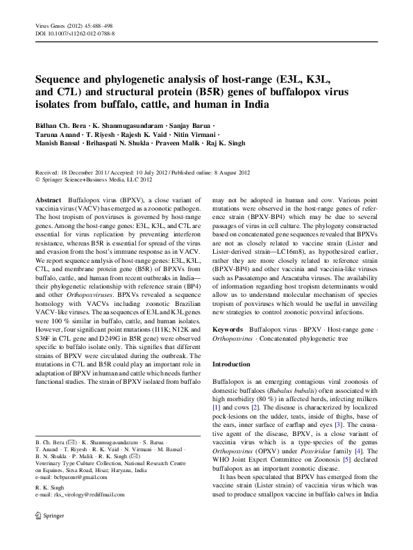 Sequence and phylogenetic analysis of host-range (E3L, K3L, and C7L ...