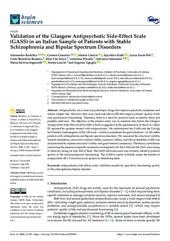(PDF) Validation of the Glasgow Antipsychotic Side-Effect Scale (GASS ...