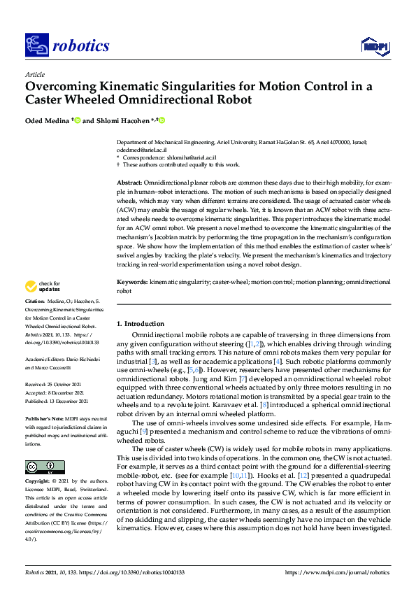 Overcoming Kinematic Singularities For Motion Control In A Caster Wheeled Omnidirectional Robot