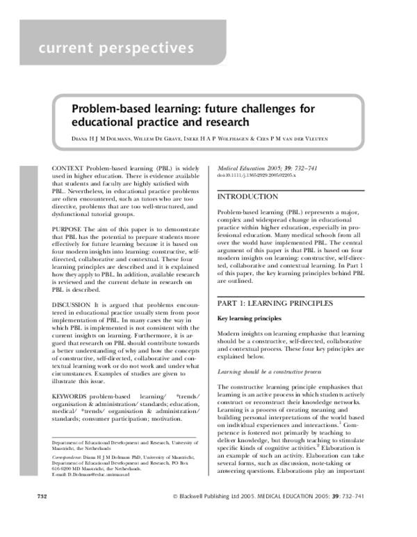 Pdf Problem Based Learning Future Challenges For Educational Practice And Research 