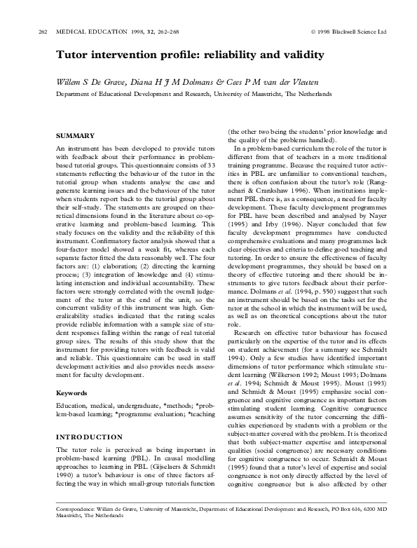 Pdf Tutor Intervention Profile Reliability And Validity
