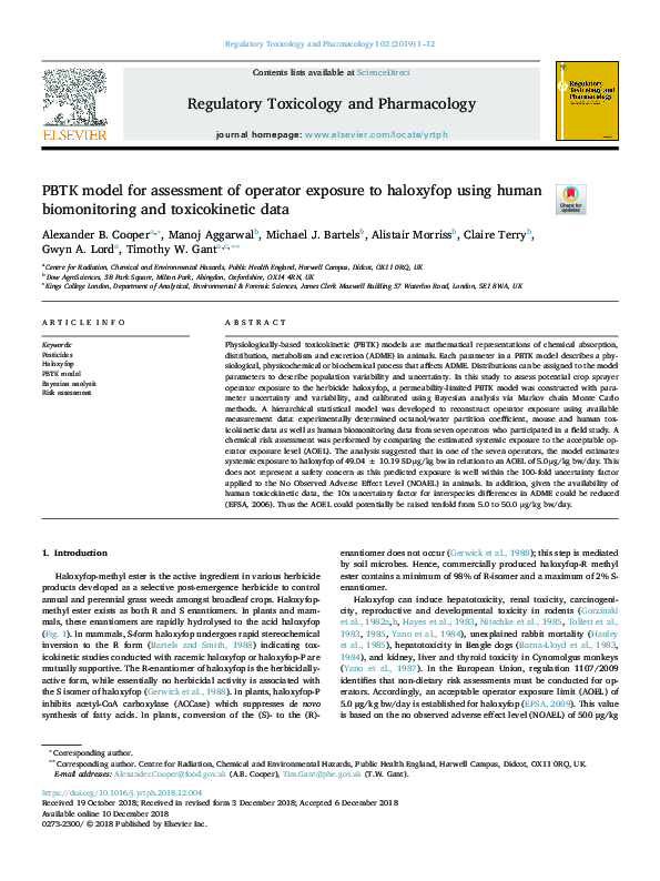 (PDF) PBTK model for assessment of operator exposure to haloxyfop using human biomonitoring and ...