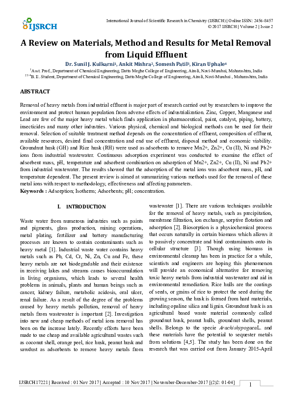 (PDF) A Review on Materials, Method and Results for Metal Removal from Liquid Effluent