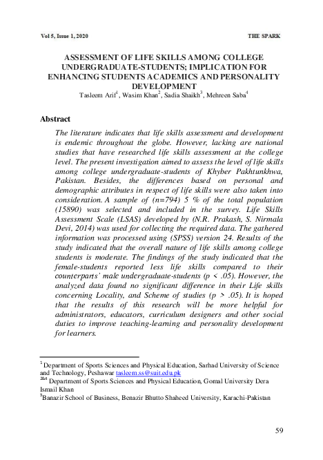 (PDF) Assessment of Life Skills Among College Undergraduate-Students; Implication for Enhancing ...
