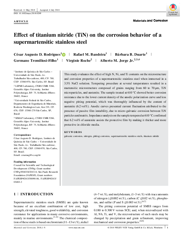(PDF) Effect of titanium nitride (TiN) on the corrosion behavior of a supermartensitic stainless ...