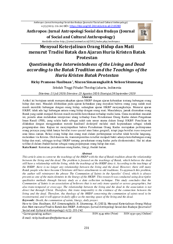 (PDF) Menyoal Keterjalinan Orang Hidup dan Mati menurut Tradisi Batak ...