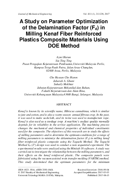(PDF) A Study on parameter optimization of the delamination factor (Fd) in milling kenaf fiber ...