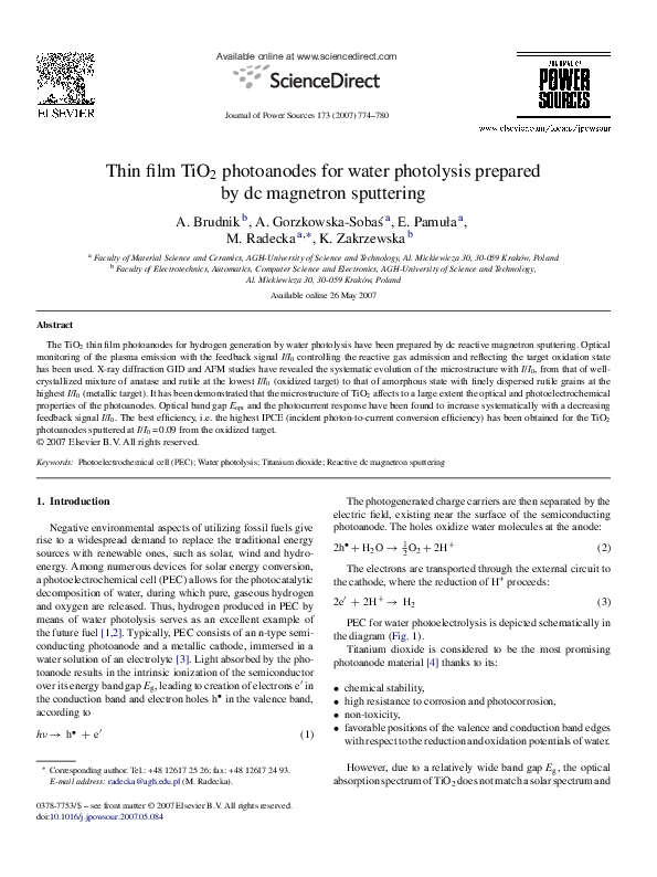 (PDF) Thin film TiO2 photoanodes for water photolysis prepared by dc ...