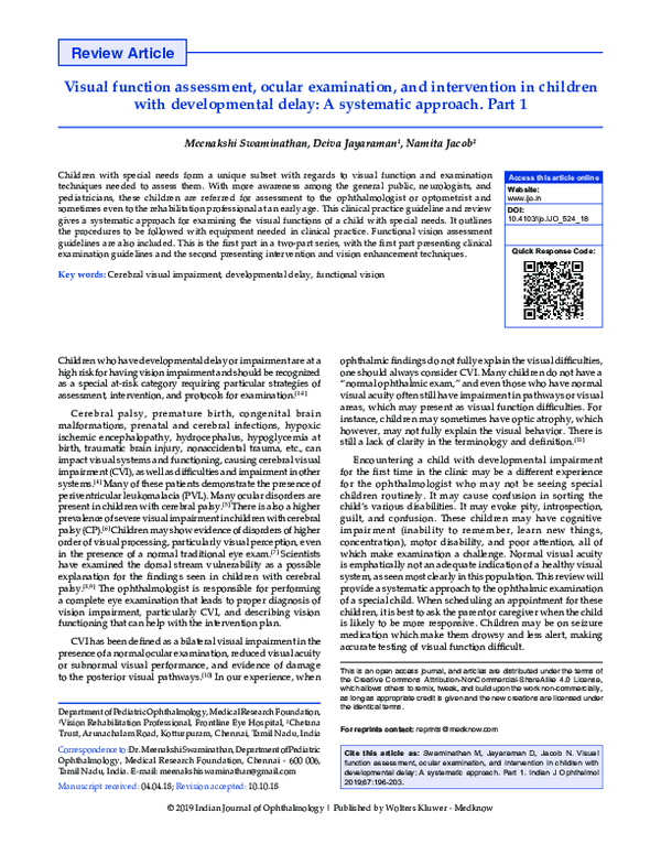 (PDF) Visual function assessment, ocular examination, and intervention in children with ...