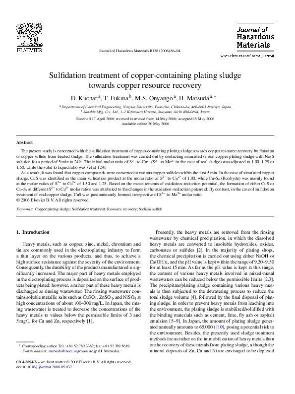(PDF) Sulfidation treatment of copper-containing plating sludge towards ...