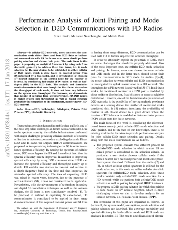 (PDF) D2D Communications: Pairing and Mode Analysis