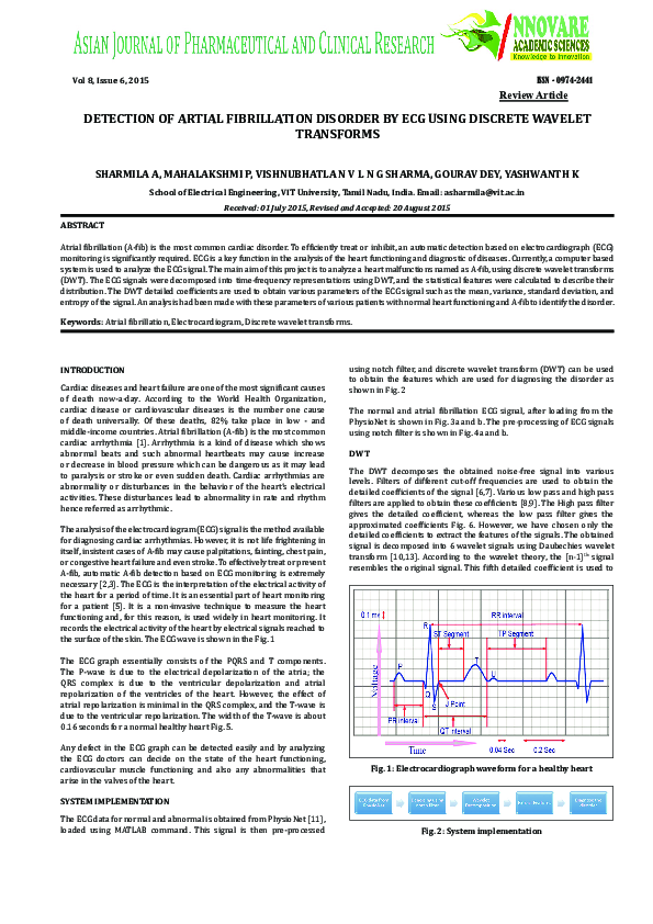 Pdf Detection Of Artial Fibrillation Disorder By Ecg Using Discrete Wavelet Transforms