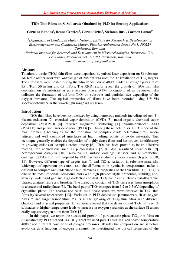 Pdf Tio2 Thin Films On Si Substrate Obtained By Pld For Sensing