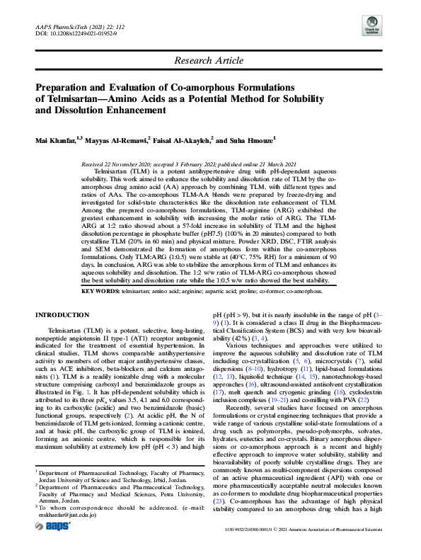 (PDF) Preparation and Evaluation of Co-amorphous Formulations of Telmisartan—Amino Acids as a ...