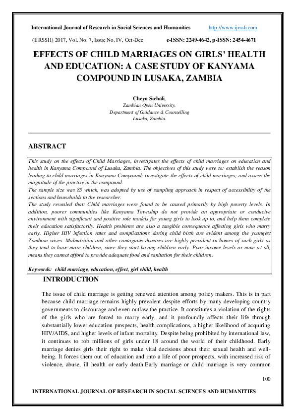 (PDF) Effects of Child Marriages on Girls' Health and Education: A Case ...