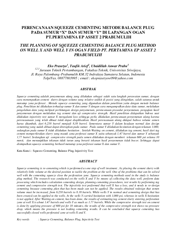 (PDF) Perencanaan Squeeze Cementing Metode Balance Plug Pada Sumur “X” Dan Sumur “Y” Di Lapangan ...