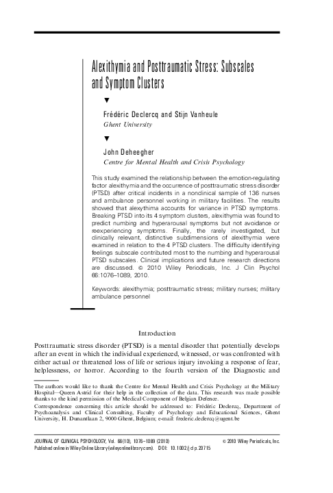 (PDF) Alexithymia and posttraumatic stress: subscales and symptom clusters