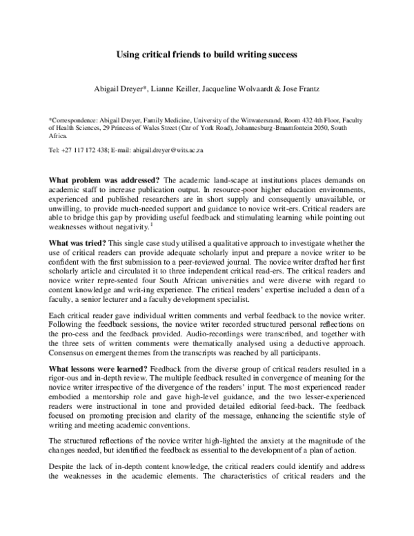 (PDF) Using critical friends to build writing success | Lianne Keiller ...