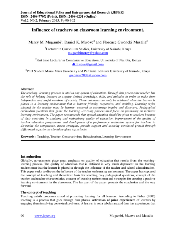 Influence of teachers on classroom learning environment