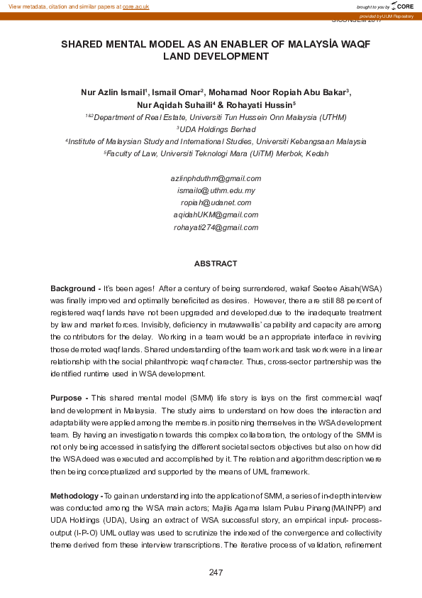 (PDF) Shared mental model as an enabler of Malaysia waqf land development