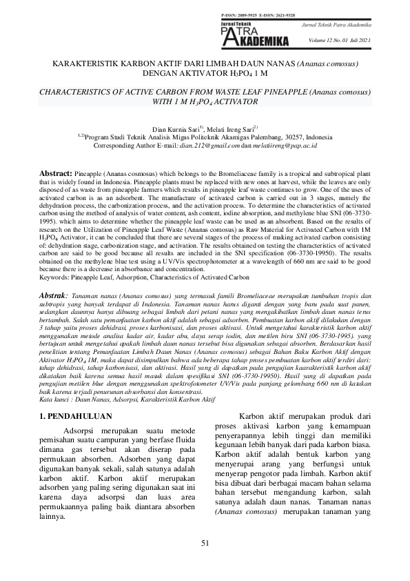 (PDF) K KARAKTERISTIK KARBON AKTIF DARI LIMBAH DAUN NANAS (Ananas comosus) DENGAN AKTIVATOR ...