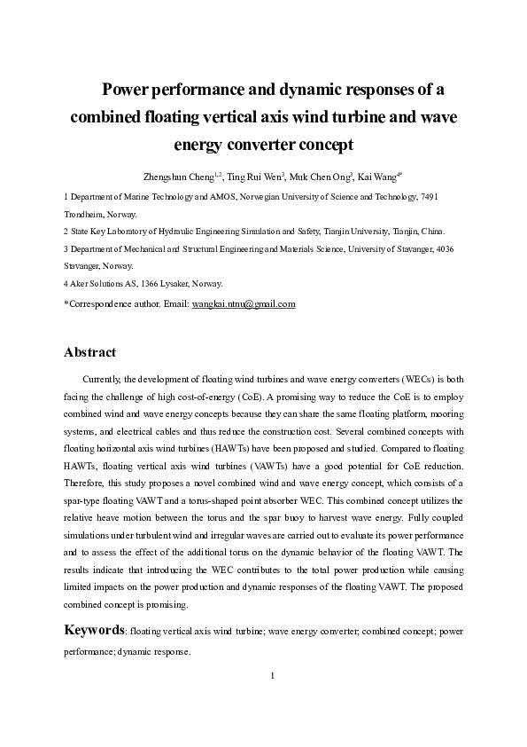 Pdf Power Performance And Dynamic Responses Of A Combined Floating Vertical Axis Wind Turbine