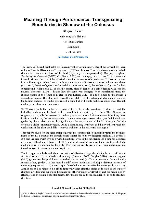 (PDF) Meaning Through Performance: Transgressing Boundaries in Shadow of the Colossus