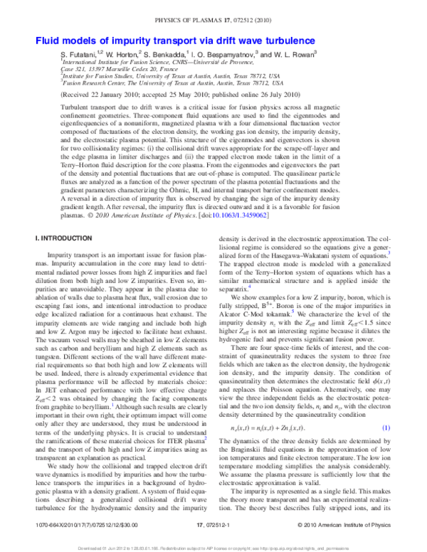 (PDF) Fluid models of impurity transport via drift wave turbulence