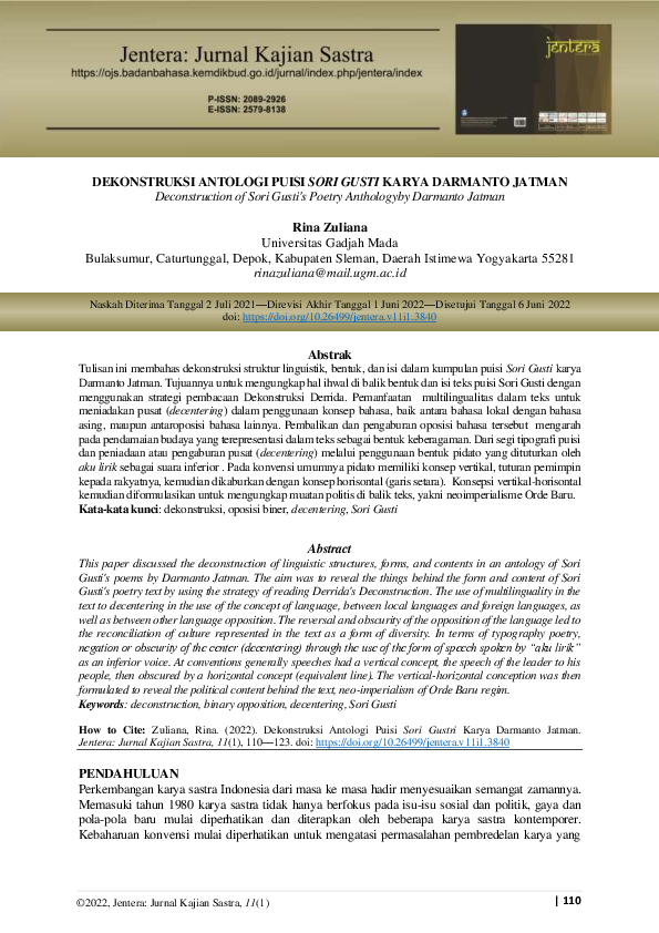 (PDF) Dekonstruksi Antologi Puisi Sori Gustri Karya Darmanto Jatman
