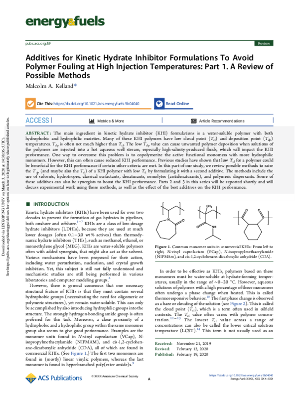 (PDF) Additives for Kinetic Hydrate Inhibitor Formulations To Avoid ...