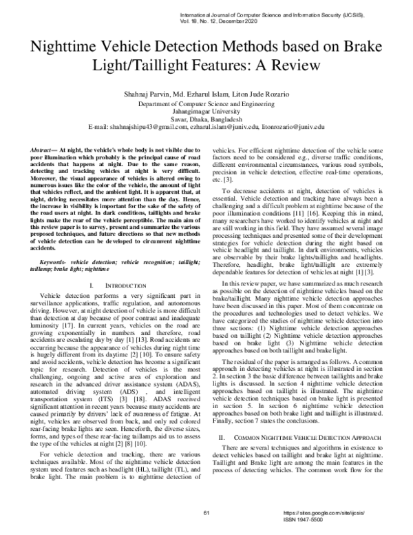 (PDF) Nighttime Vehicle Detection Methods based on Brake Light/Taillight Features: A Review