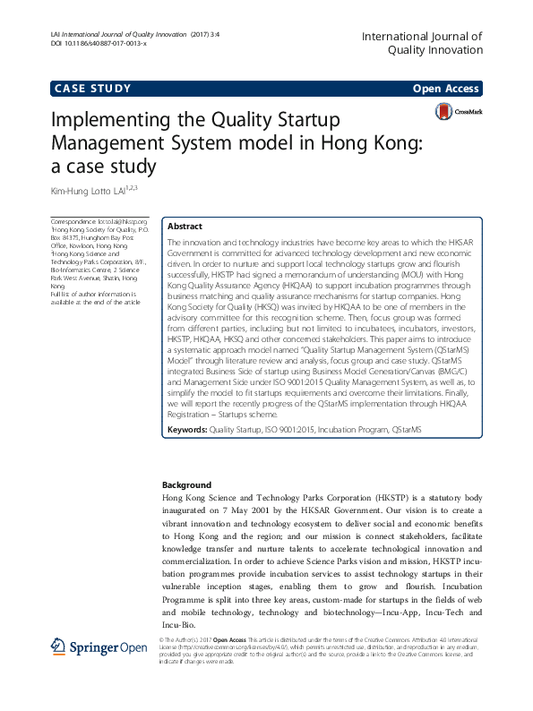 (PDF) Implementing the Quality Startup Management System model in Hong ...