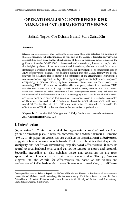 (PDF) Operationalising Enterprise Risk Management (ERM) Effectiveness