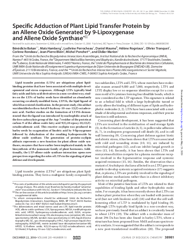 (PDF) Specific Adduction of Plant Lipid Transfer Protein by an Allene ...