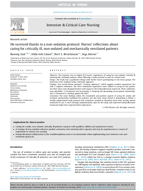 (PDF) He survived thanks to a non-sedation protocol: Nurses ...