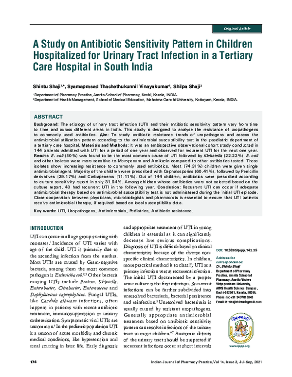 (PDF) A Study on Antibiotic Sensitivity Pattern in Children Hospitalized for Urinary Tract ...